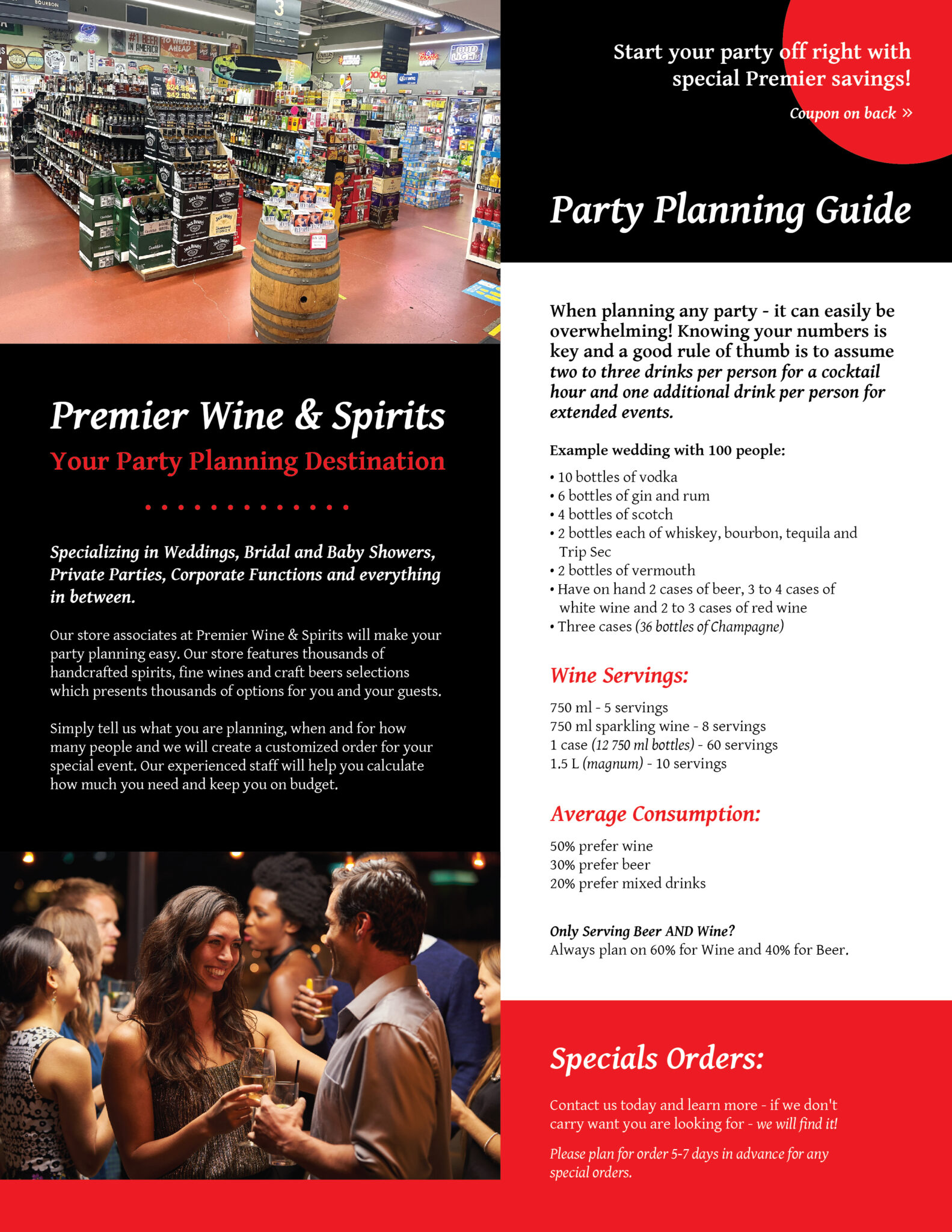 Premier Wine & Spirits Specials – Check out our Great Party Planning guidelines